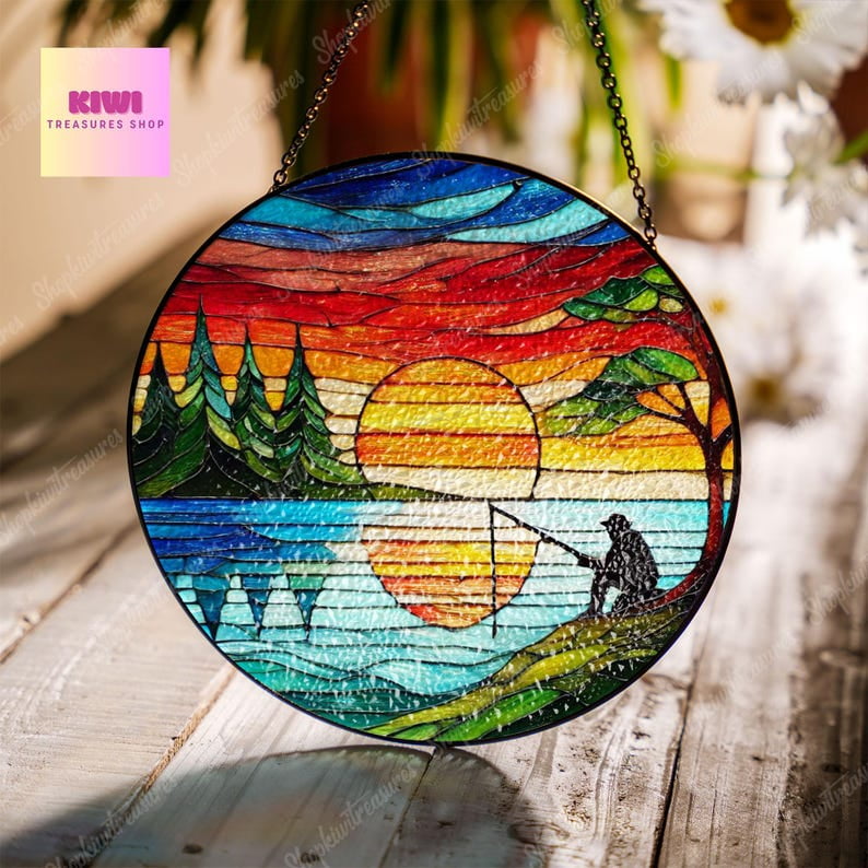 Fishing sunset GLASS Suncatcher, fish Lover gift, Fishing suncatcher ...