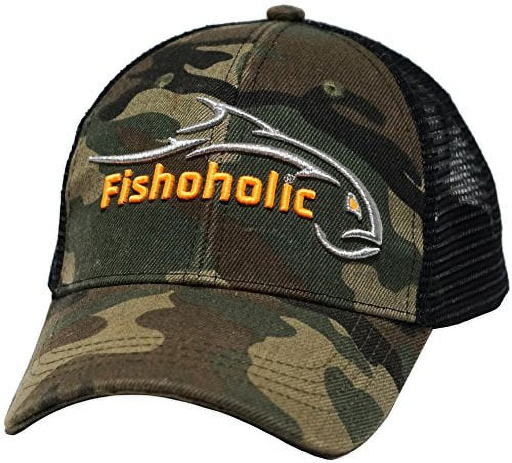 Fishoholic Camo Baseball Snapback Fishing Hat Silver Orange Logo on ...