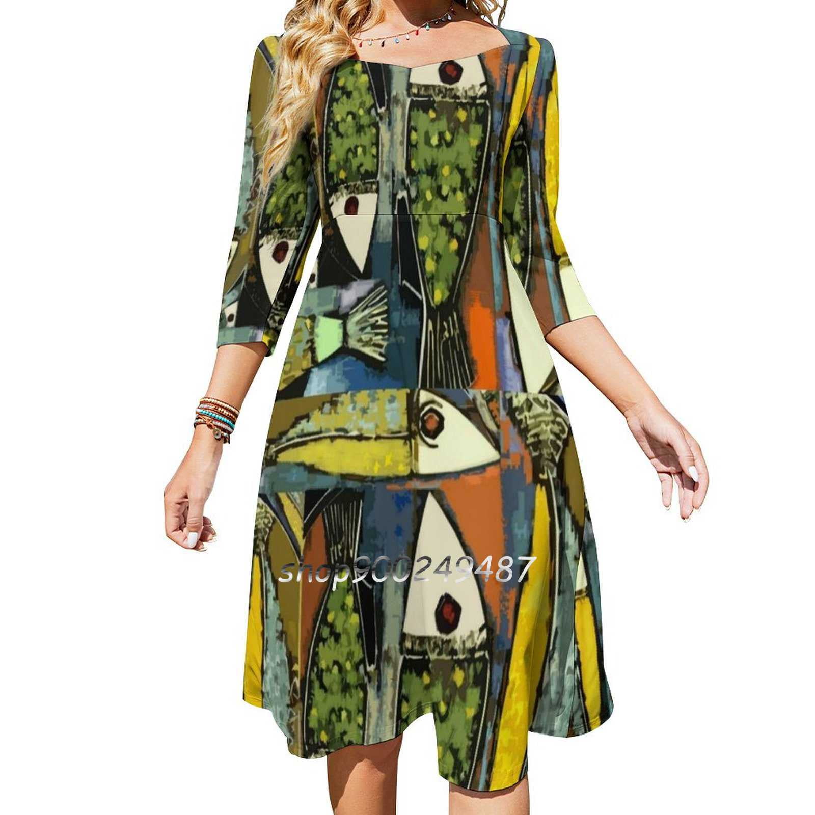 Fishy Square Neck Dress Cute Loose Print Dresses Elegant Beach Party ...