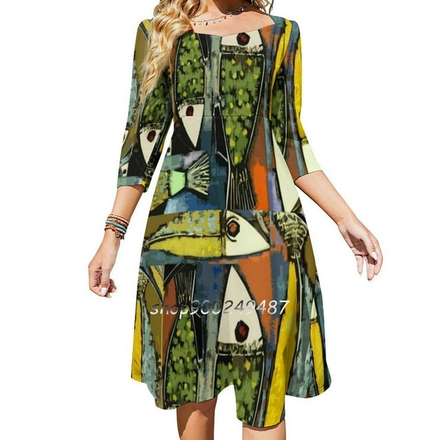 Fishy Square Neck Dress Cute Loose Print Dresses Elegant Beach Party ...