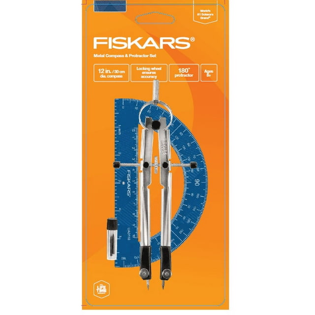 Fiskars 12" Metal Compass with Protractor, School Supplies, Blue/Silver ...