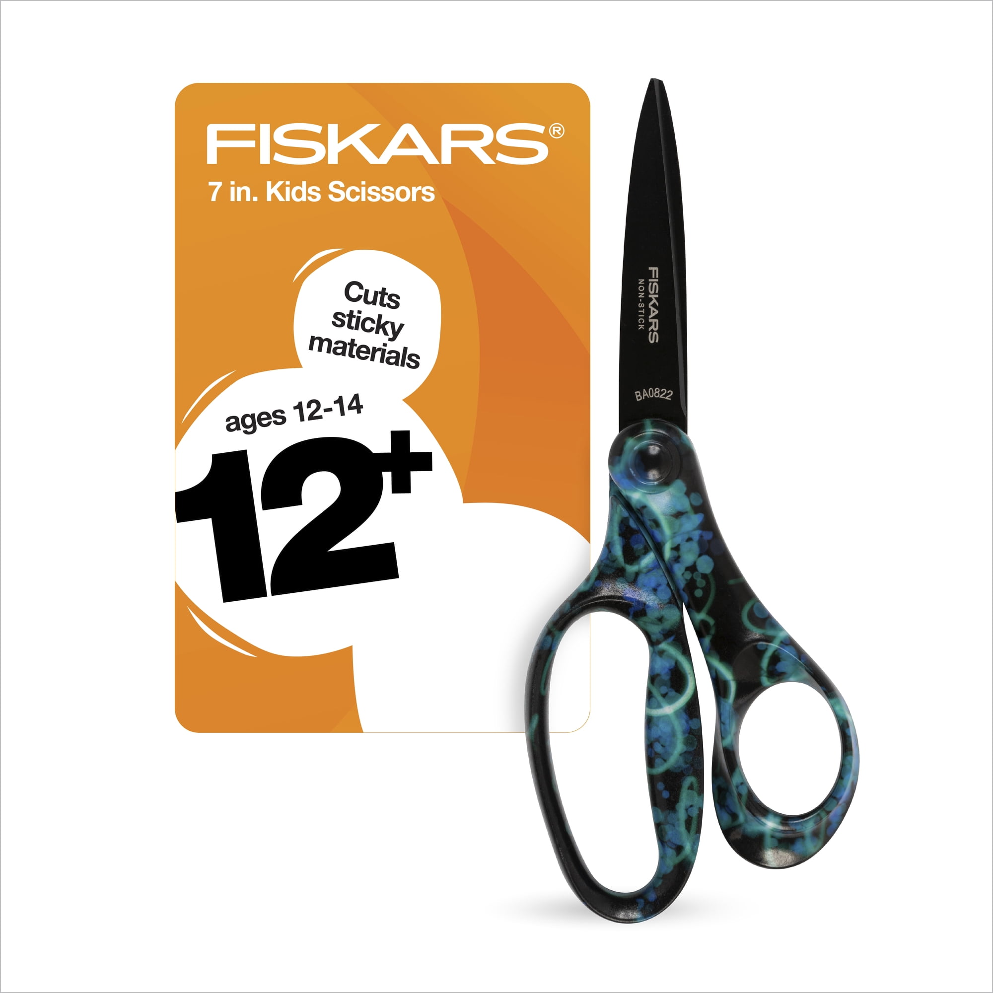 Fiskars 7in Designer Non-Stick Student Scissor, Teal Neon Swirls, Ages ...