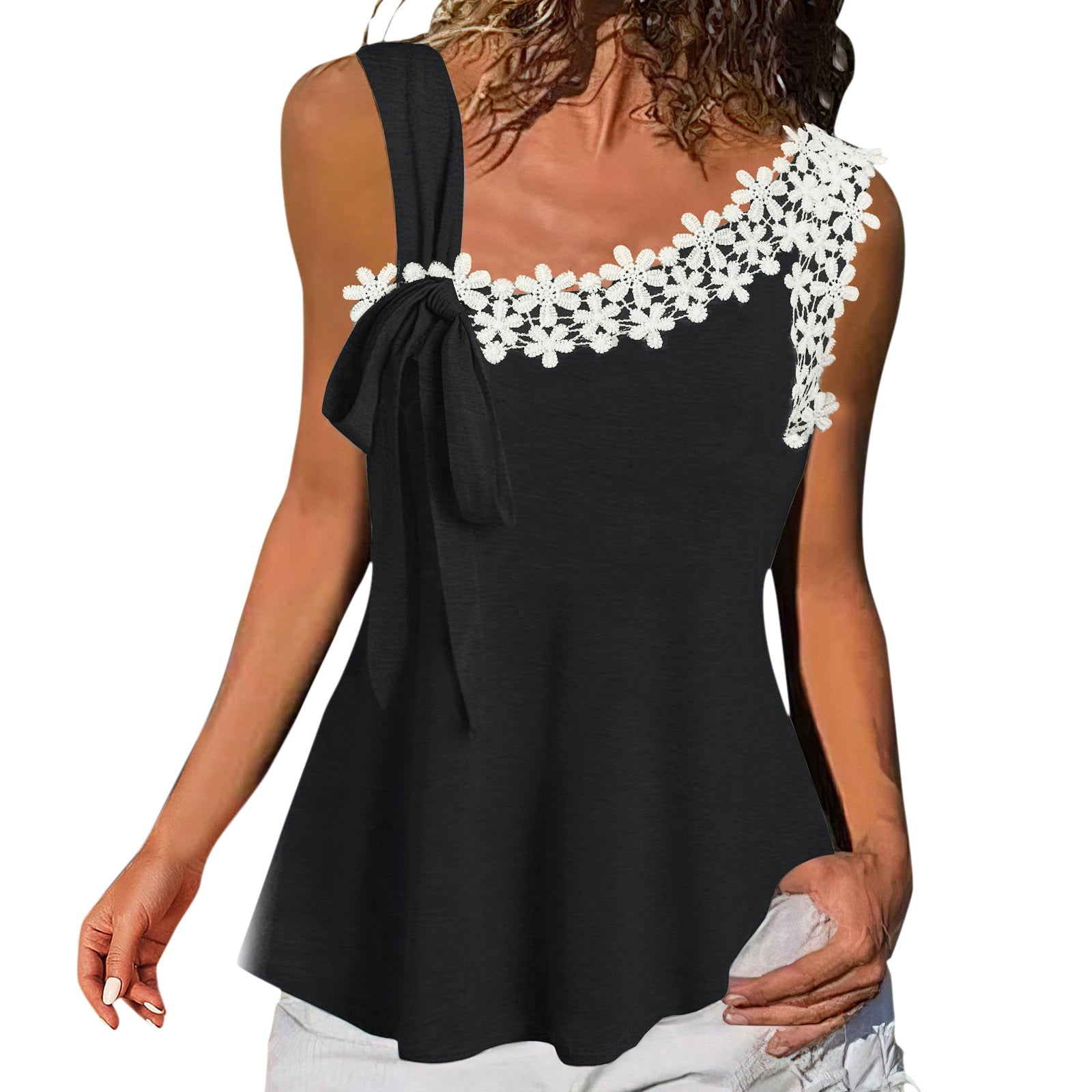 Fit And Flare Shirts For Women Casual Print Sleeveless Lace Flower Tank ...