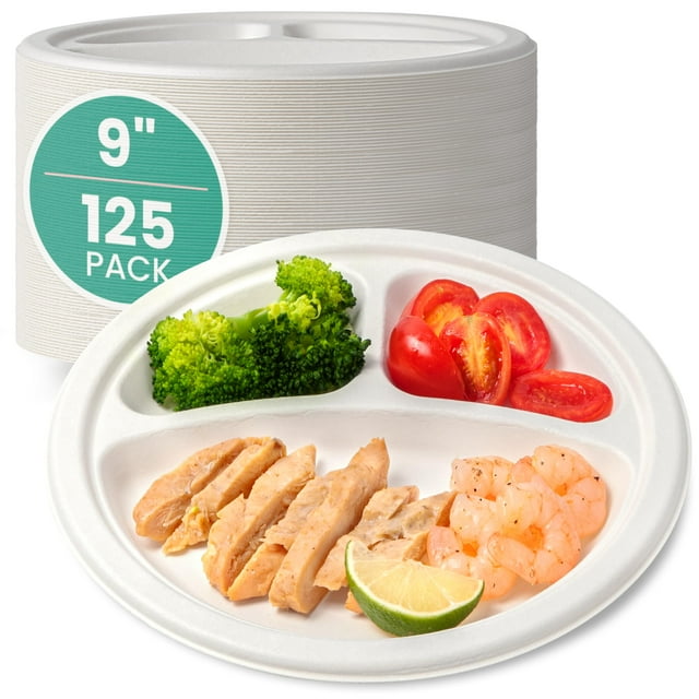 Fit Meal Prep [125 Pack Compostable Paper Plates with 3 Compartments, 9 ...