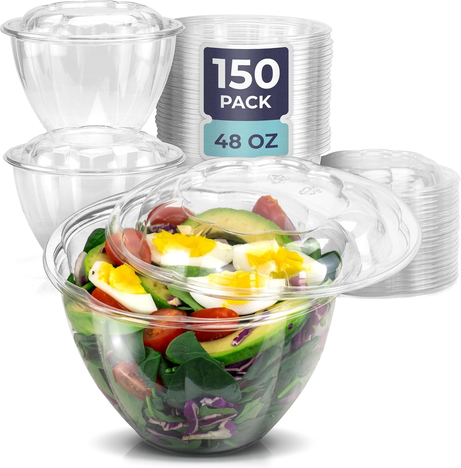 Fit Meal Prep 150 Pack 48 oz Disposable Plastic Clear Salad Bowls with Airtight Lids, Crystal ...