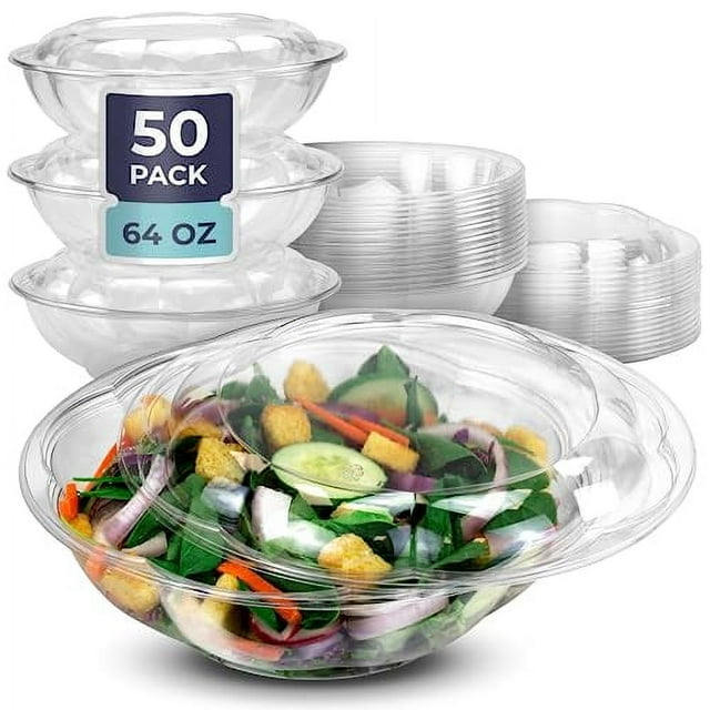 Fit Meal Prep 50 Pack 64 oz Clear Plastic Salad Bowls with Airtight ...