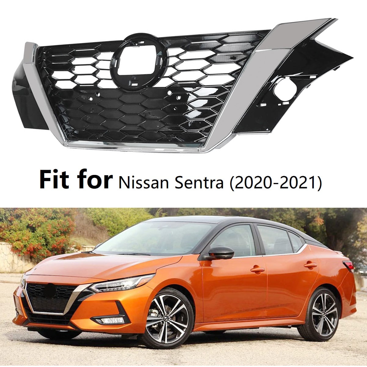 Fit for Nissan Sentra 2020 2021 Front Upper Grille, Chrome Black, 20-21 ...