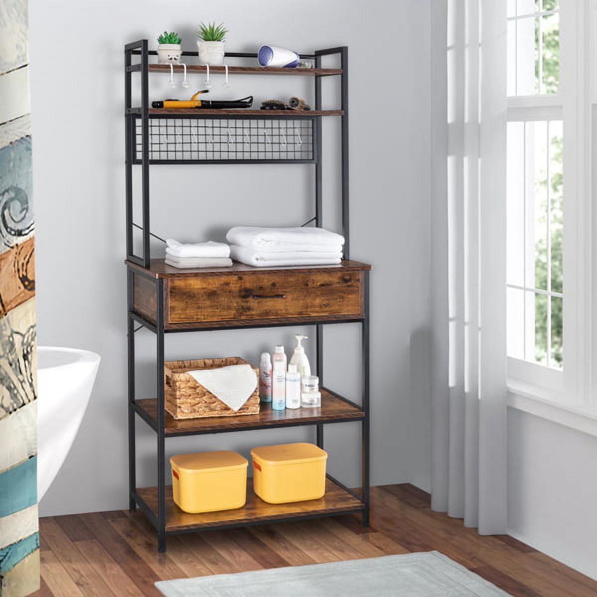 Fithood 5-Tier Bakers Rack with Shelves, Drawer, 10 Hooks, Rustic Brown ...
