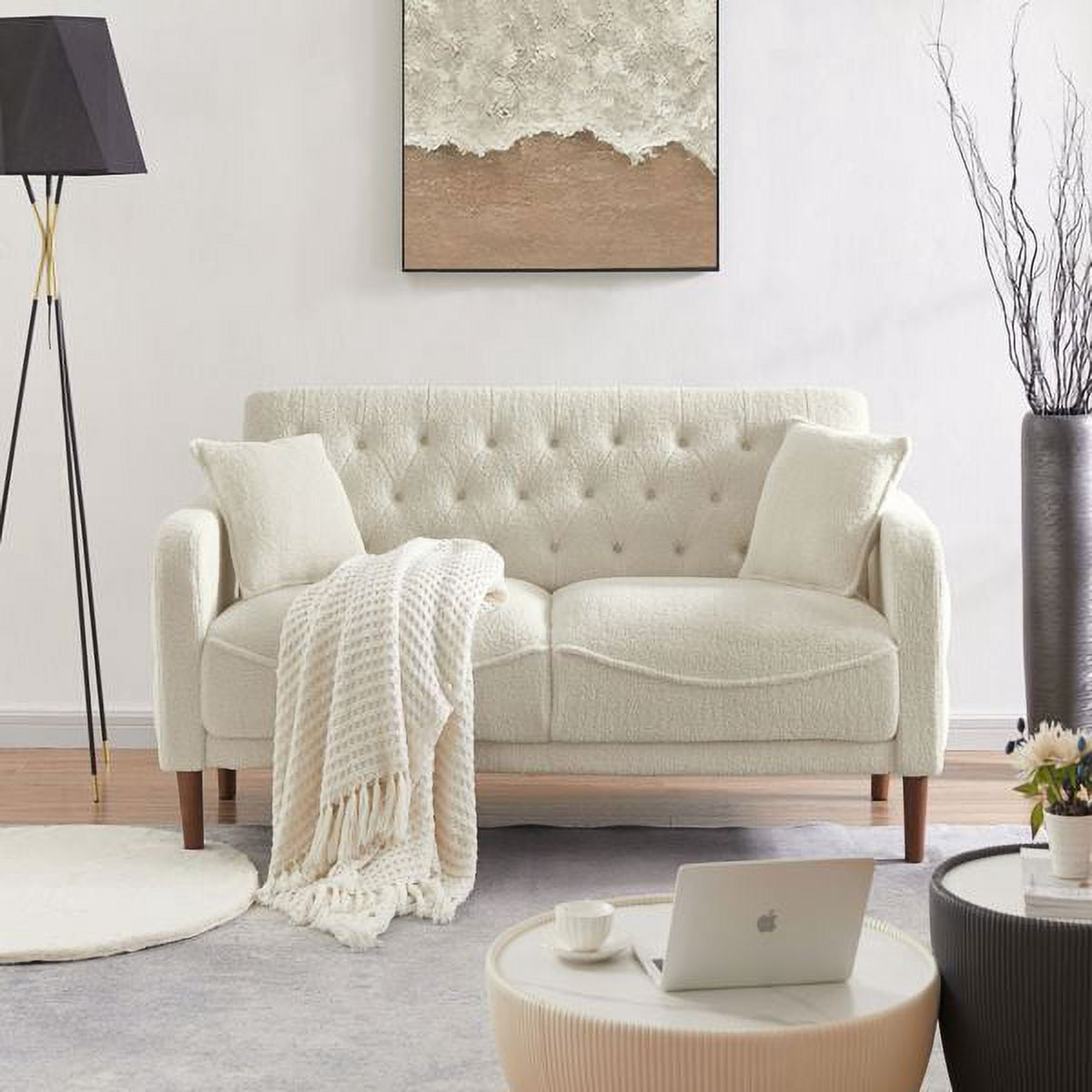 Fithood Beige Teddy Velvet Sponge Sofa, Indoor Sofa, Removable Wooden ...