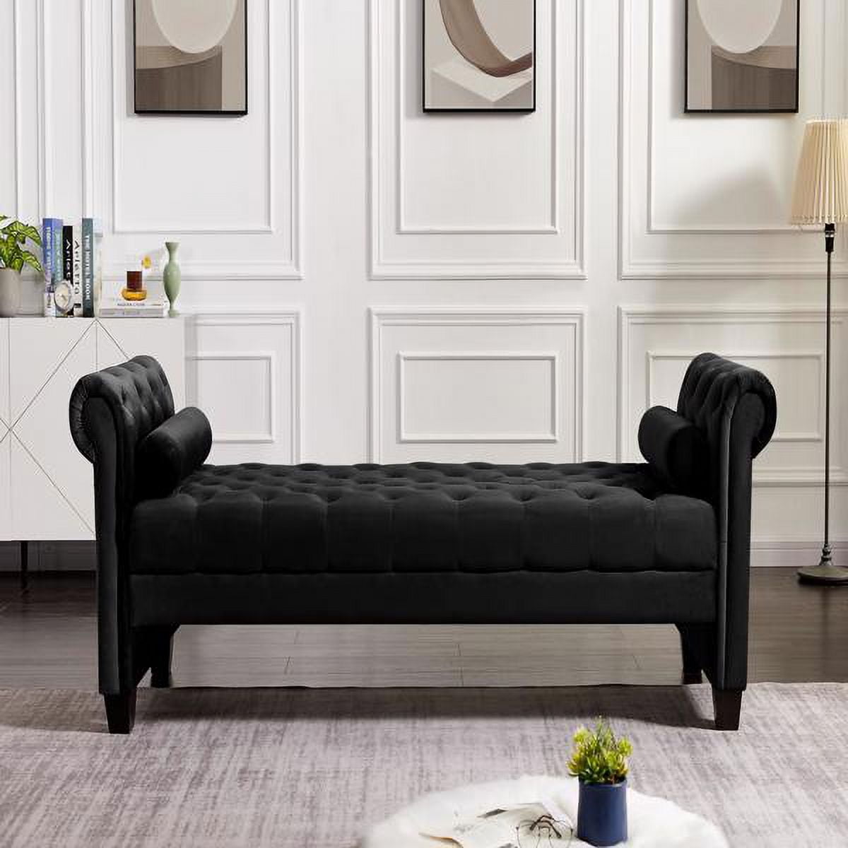 Fithood Black, Solid Wood Legs Velvet Rectangular Sofa Bench with ...