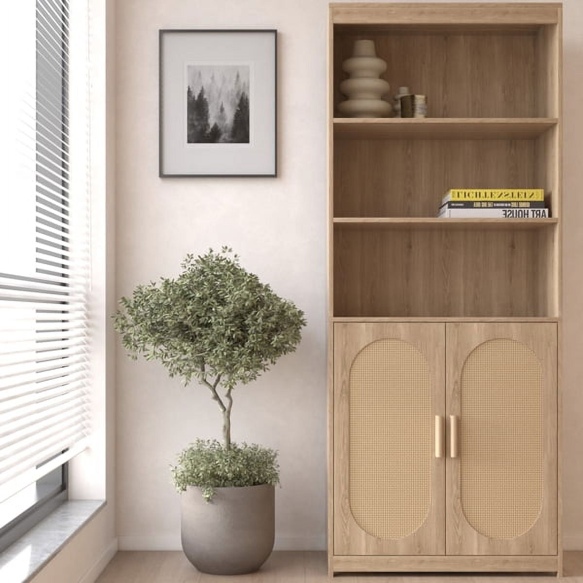 Fithood Bookshelf 5 Tier Book Shelf Rattan Tall Bookcase with Doors ...