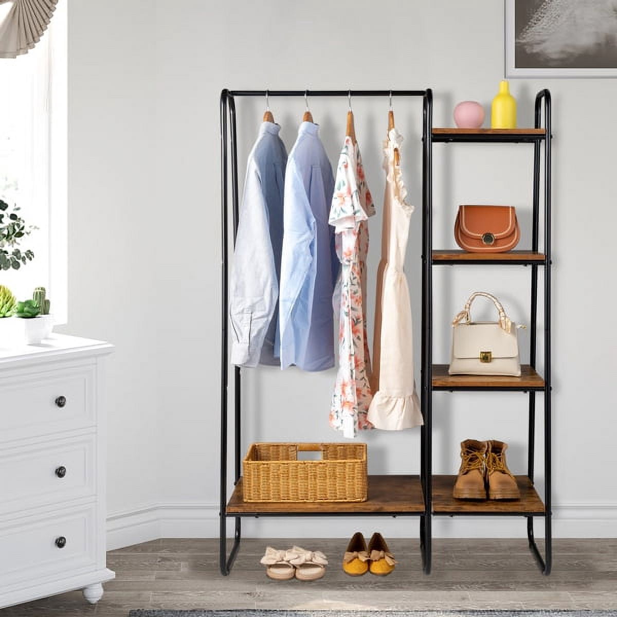 Fithood Clothes Rack with 5 Wood Shelf, Freestanding Clothing Rack ...