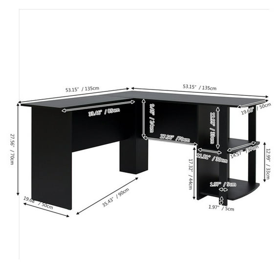 Fithood L-Shaped Wood Right-angle Computer Desk with Two-layer Shelves ...