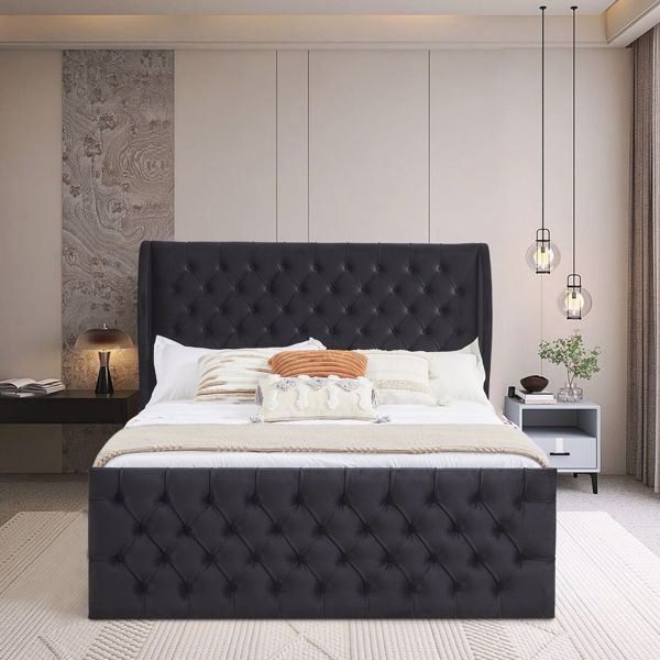 Fithood Upholstered wingback velvet fabric Chesterfield bed/button ...