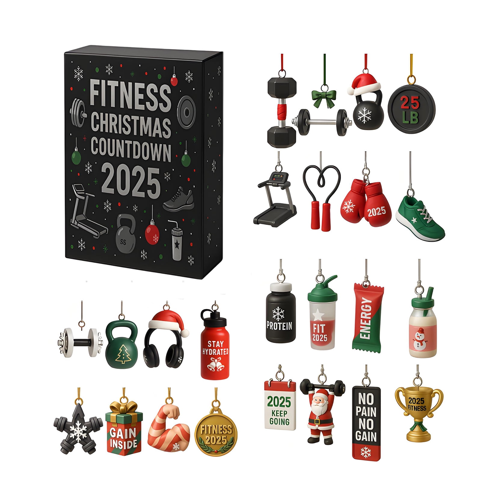 Fitness Advent Calendar, 24-Piece 2D Gym & Workout Themed Ornaments ...