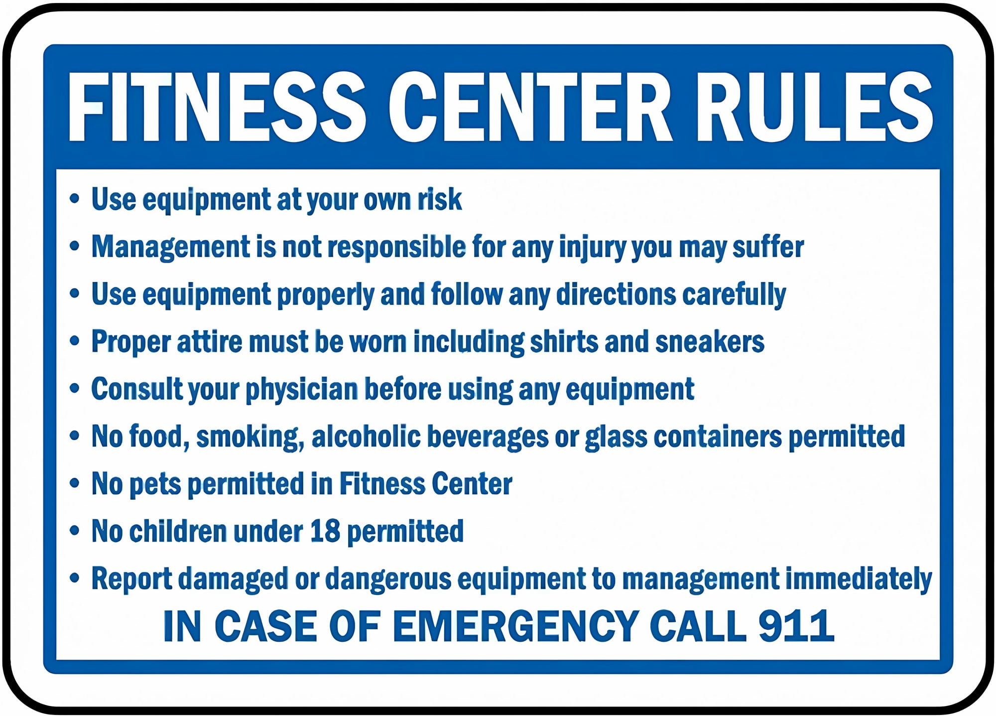 Fitness Center Rules Sign - 12×8 Inches, Safety Sign Notice, Danger ...