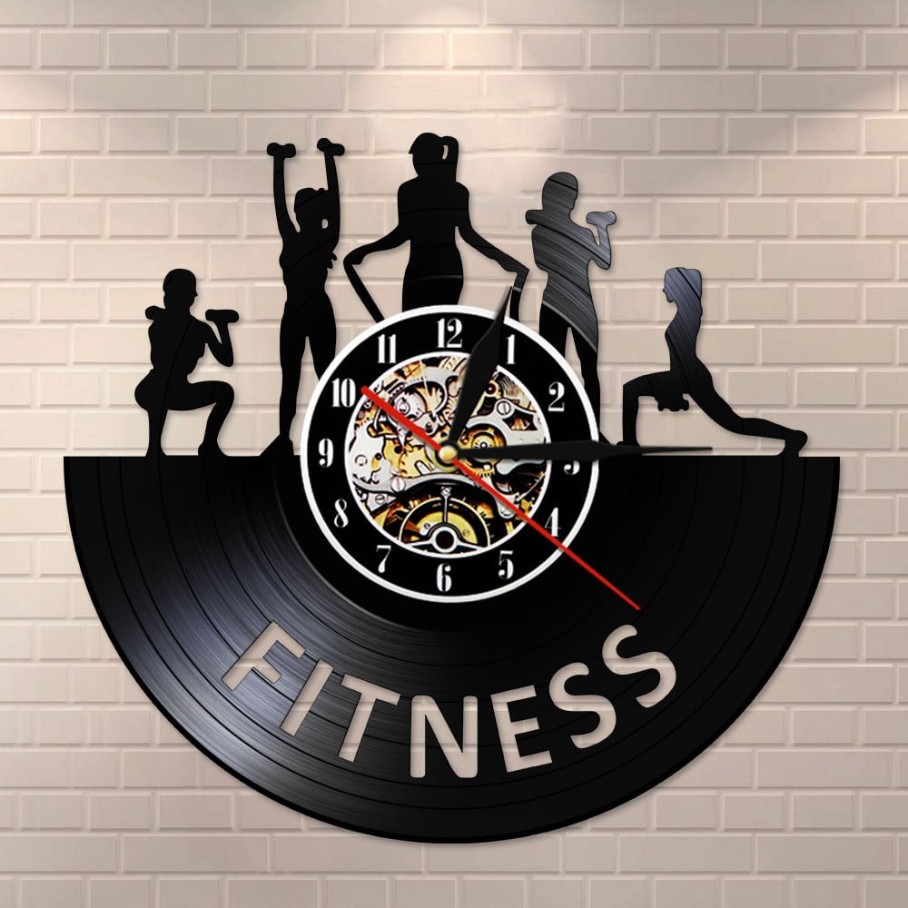 Fitness Centre GYM Vinyl Record Clock Women Fitness Club Logo Wall ...