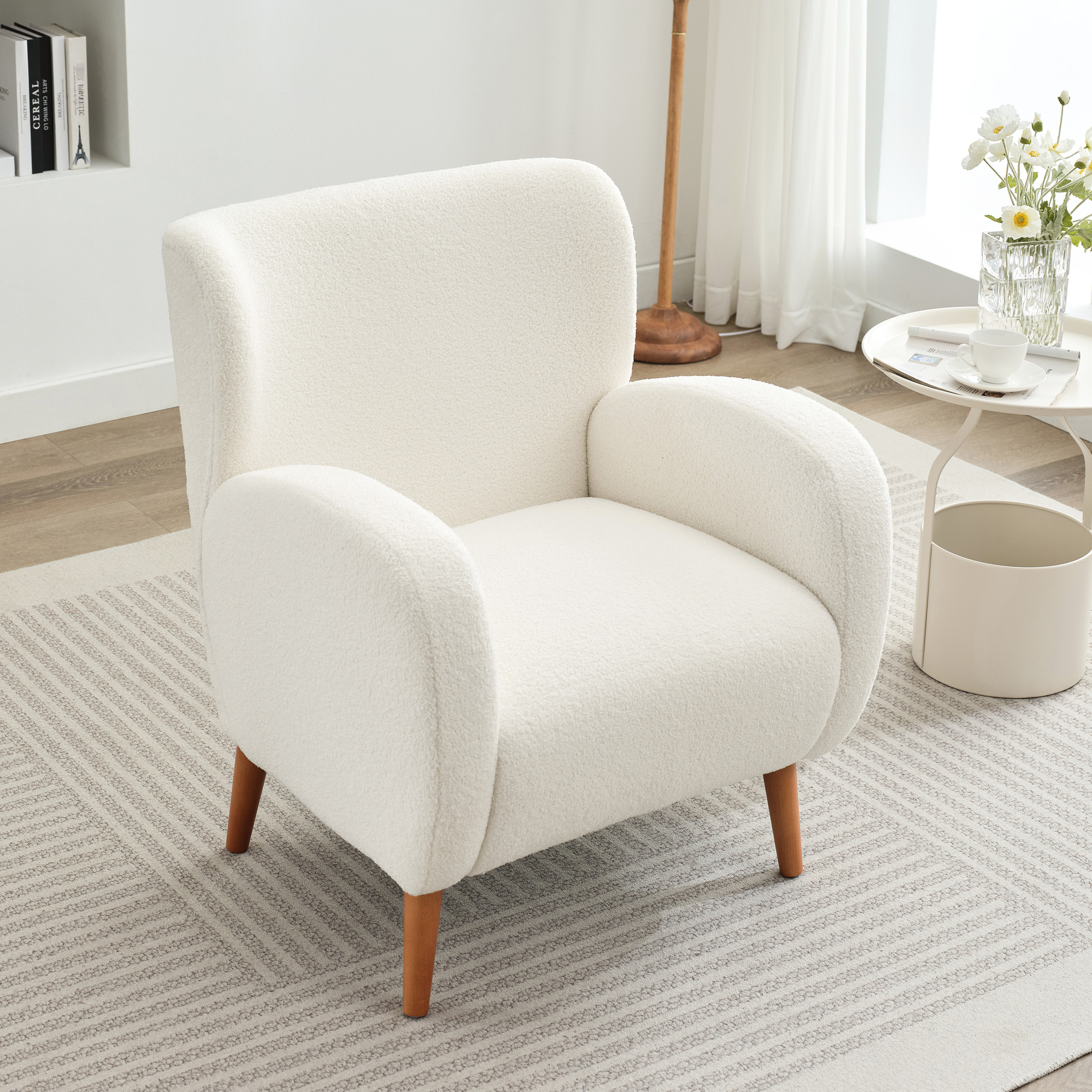 Fitness Chair - Wing Back Design, Beige Boucle Fabric, Solid Wood Legs ...