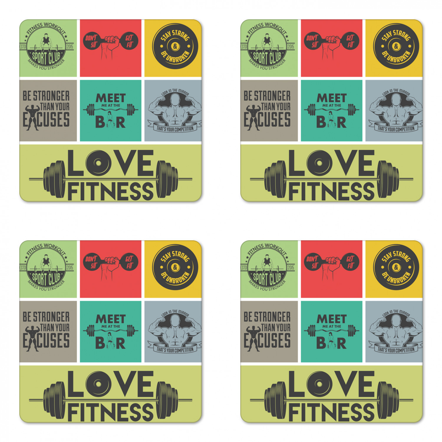 Fitness Coaster Set of 4, Various Motivational Words in Colorful Frames ...