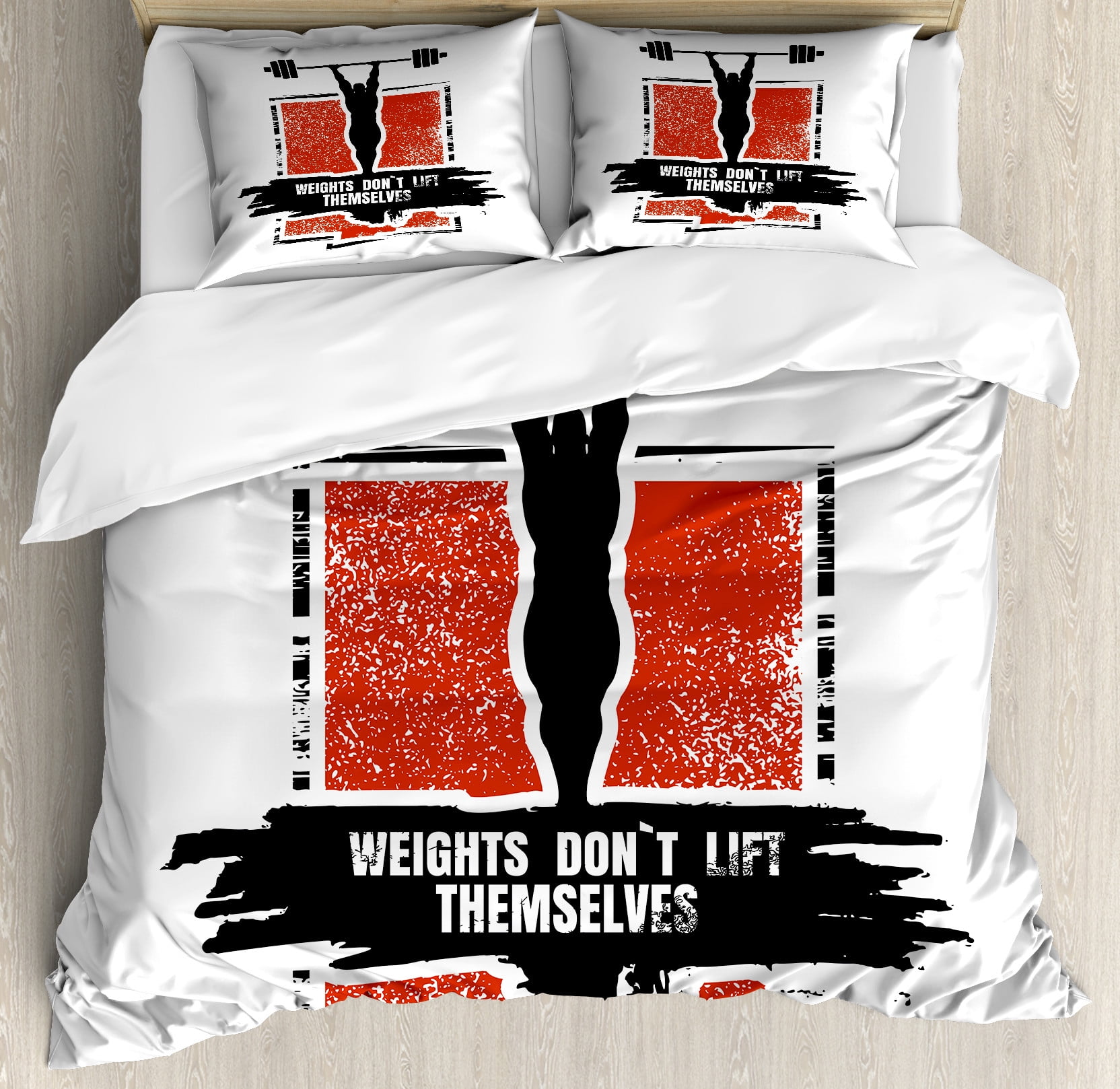 Fitness Duvet Cover Set, Bodybuilder and Huge Barbell Silhouettes of ...