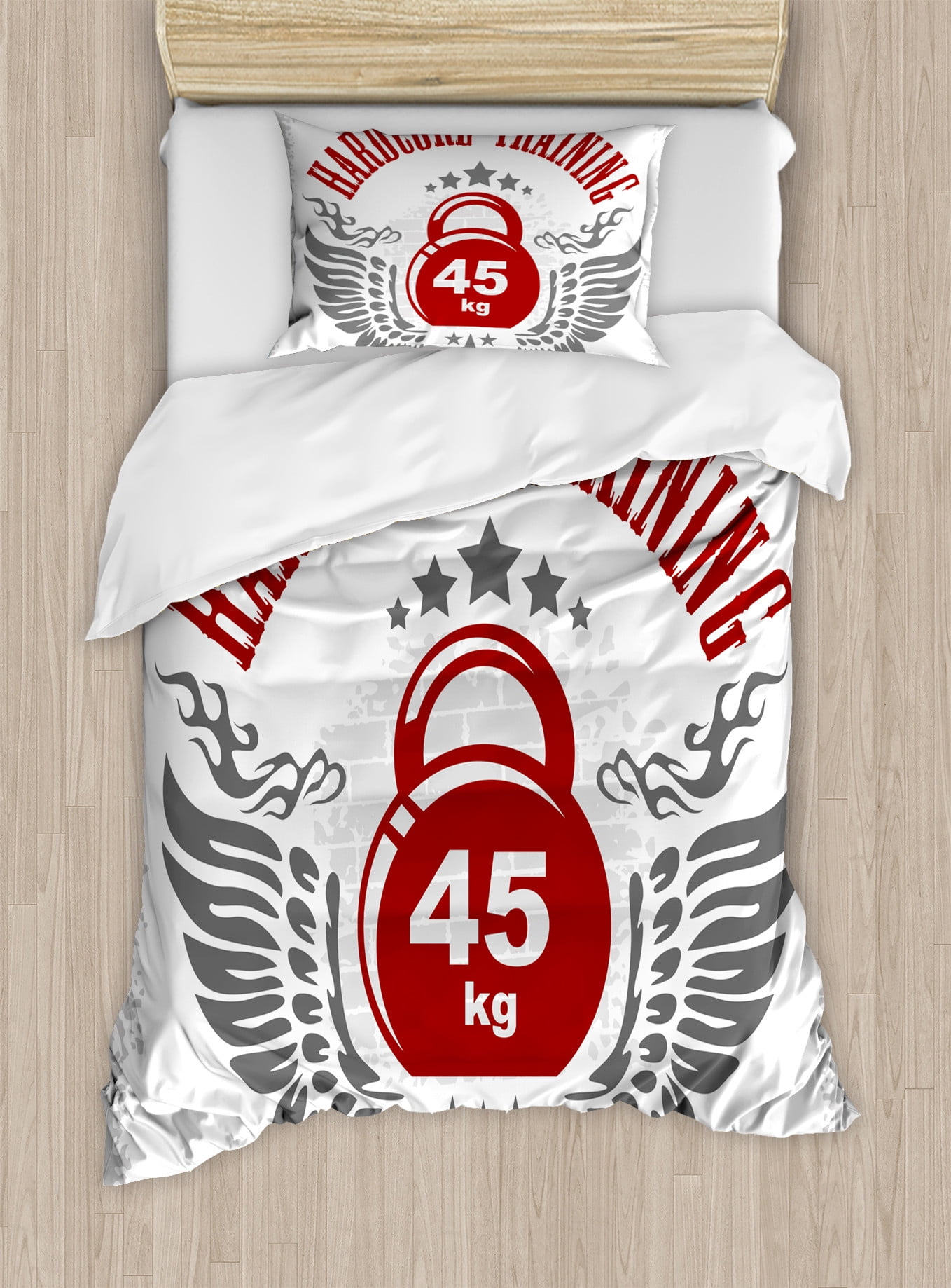 Fitness Duvet Cover Set, Bodybuilding Themed Emblem in Vintage Style Hardcore Training Wings ...