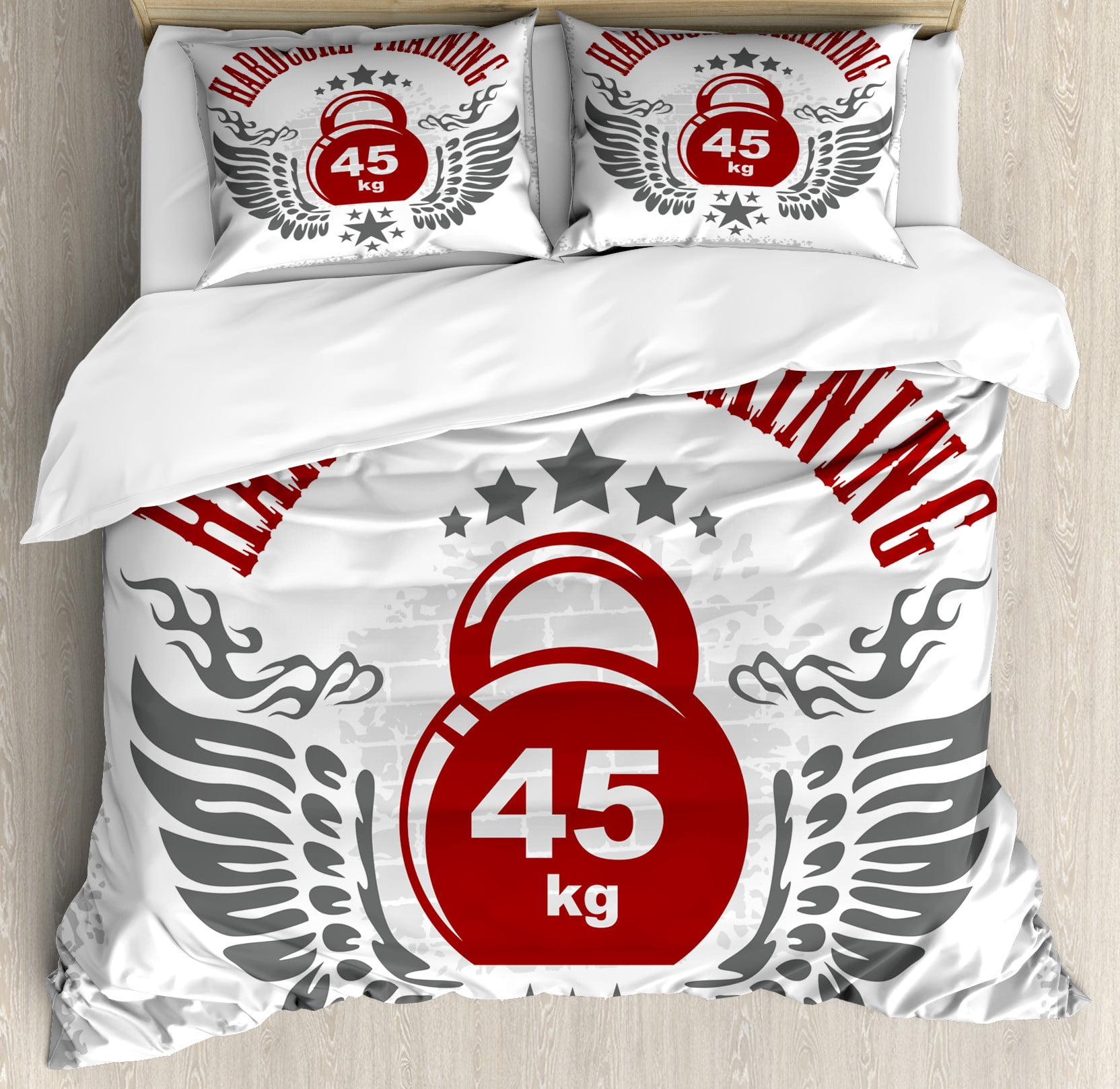Fitness Duvet Cover Set, Bodybuilding Themed Emblem in Vintage Style Hardcore Training Wings ...