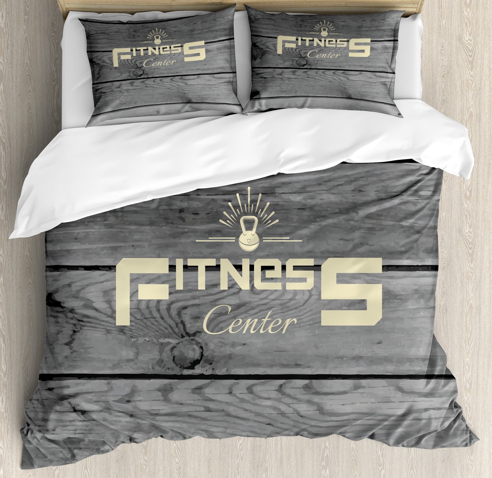 Fitness Duvet Cover Set, Fitness Club on Wooden Planks Backdrop ...