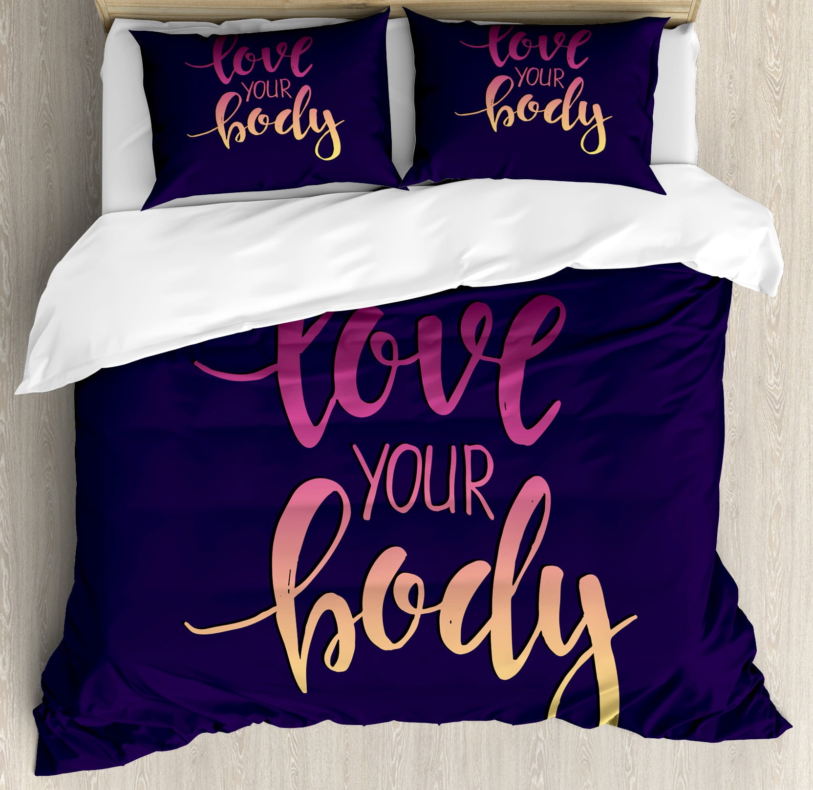 Fitness Duvet Cover Set, Love Your Body Hand Drawn Typography ...