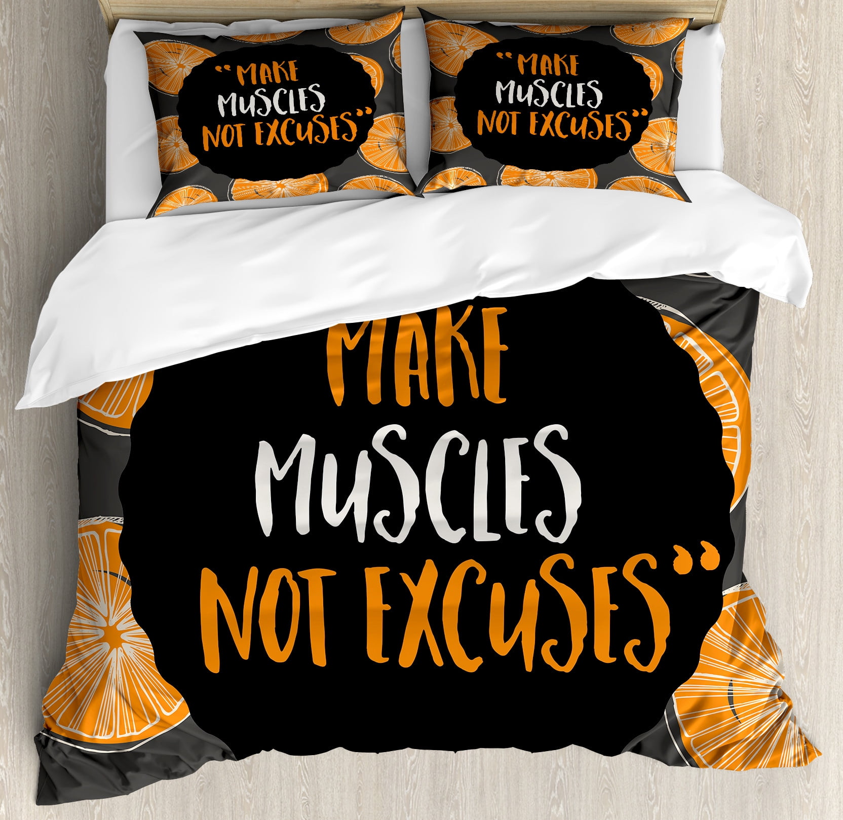 Fitness Duvet Cover Set, Make Muscles Not Excuses Phrase with Modern ...