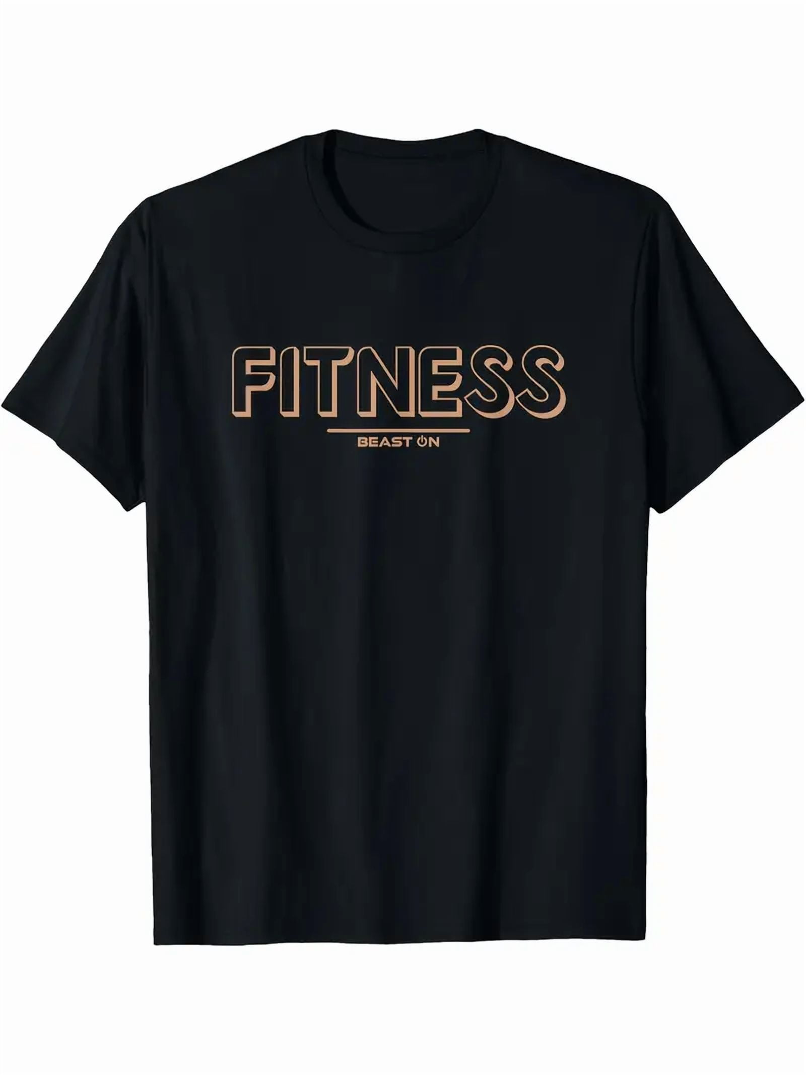 Fitness Motivation T-Shirt - Black with Beige "FITNESS" Gym Letters ...