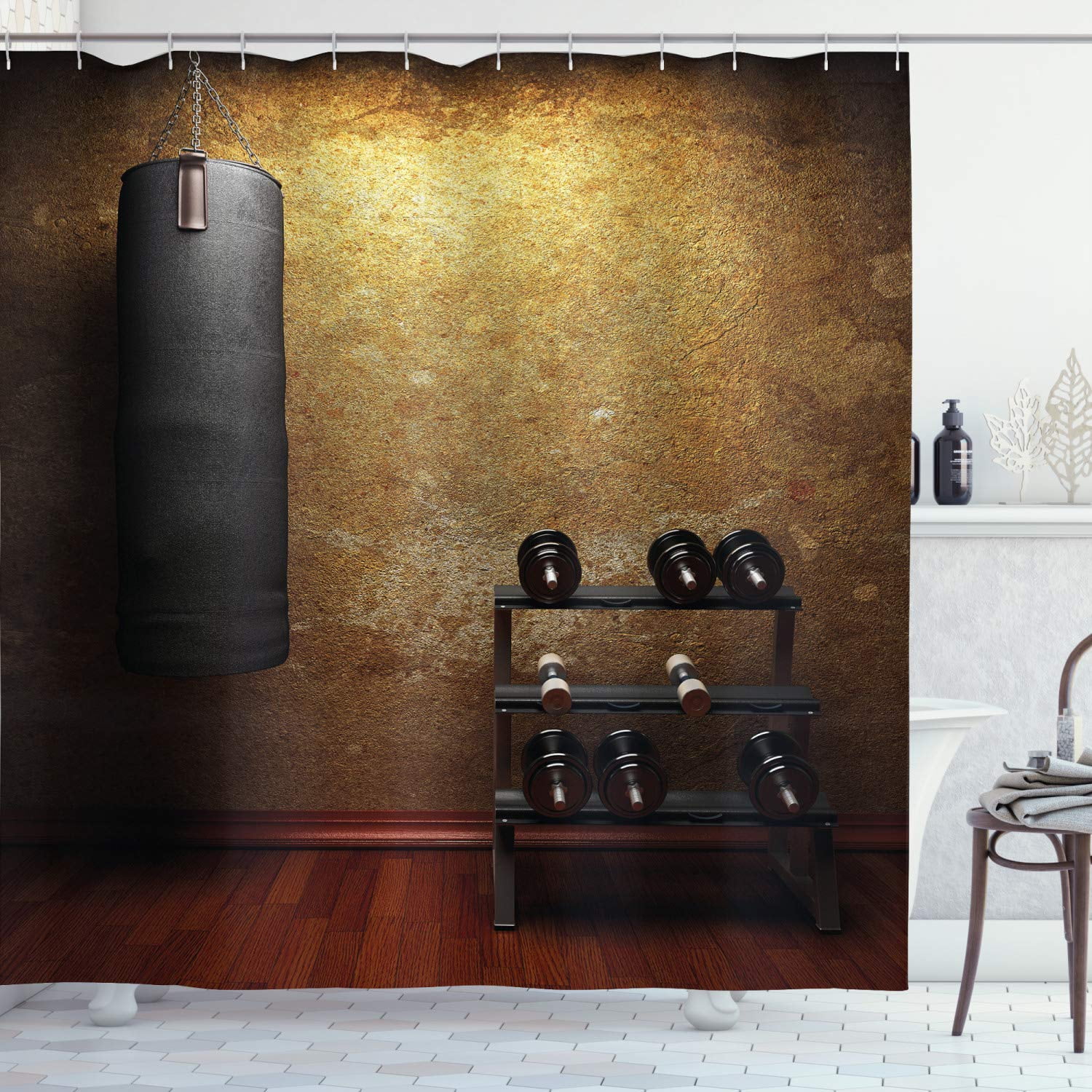 Fitness Shower Curtain Fitness Club on Wooden Planks Backdrop Aerobics ...