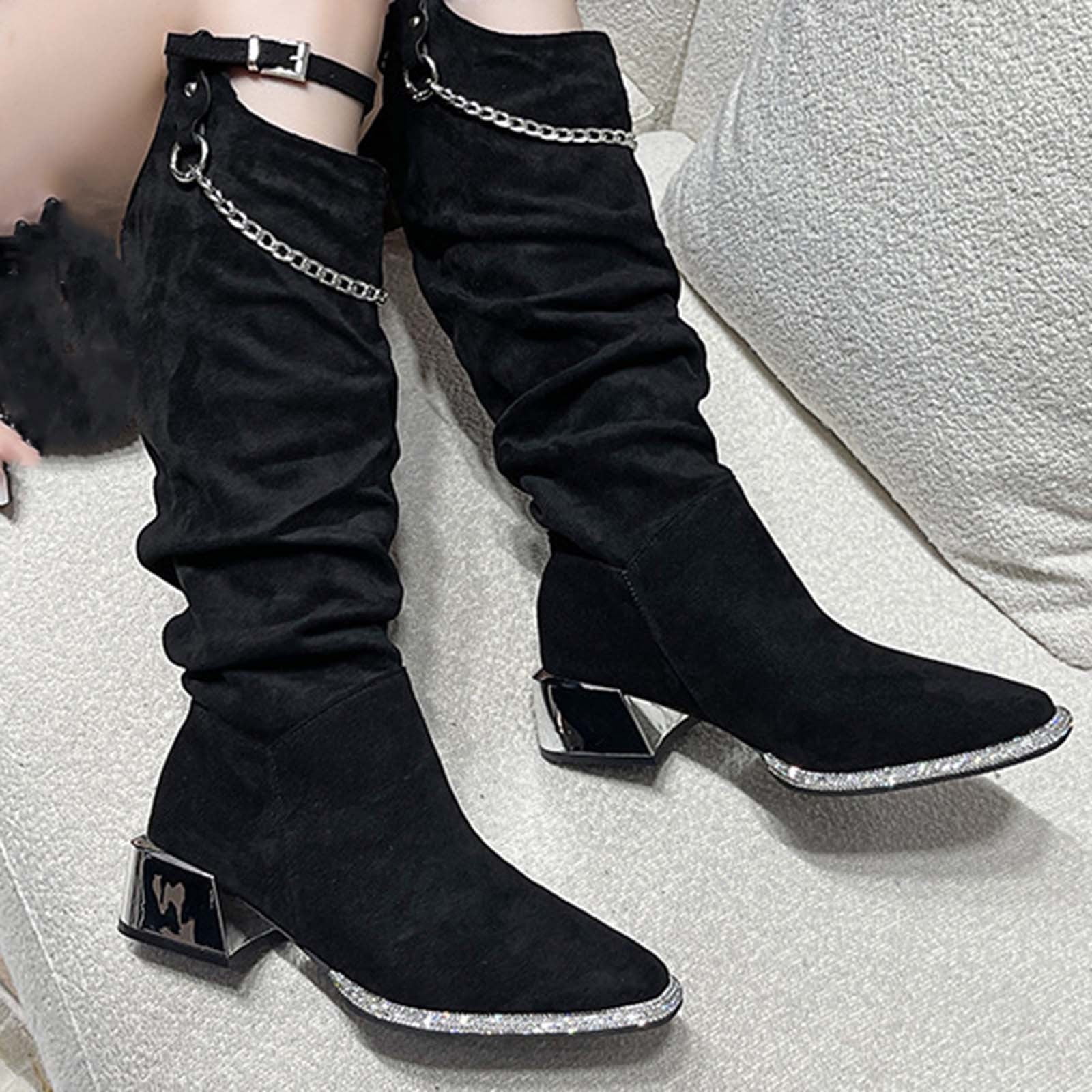 Fitoron Knee High Boots for Women Suede Slouch Boots Chunky Heel Fall ...