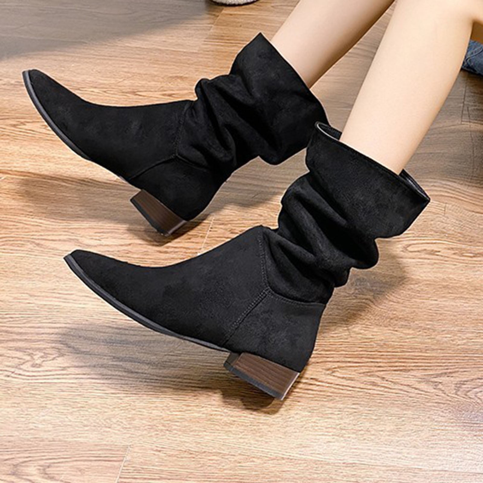 Fitoron Winter Boots for Women Suede Slouch Boots Block Heel Mid-Calf ...