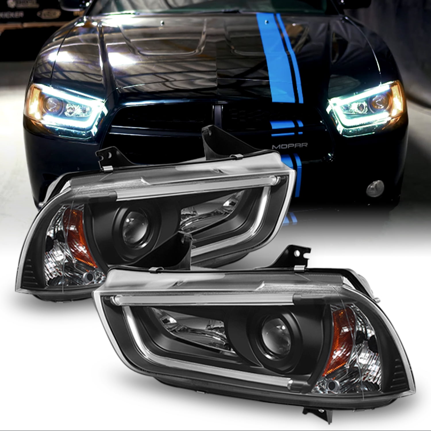 2011-2014 Dodge Charger HID-D3S Black Bezel LED Light Tube/Trip Projector Headlights with Halo ...