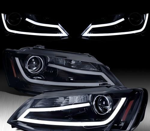 Fits 2011-2018 VW Jetta Black/Smoke LED Tube Projector Headlights Lamps ...
