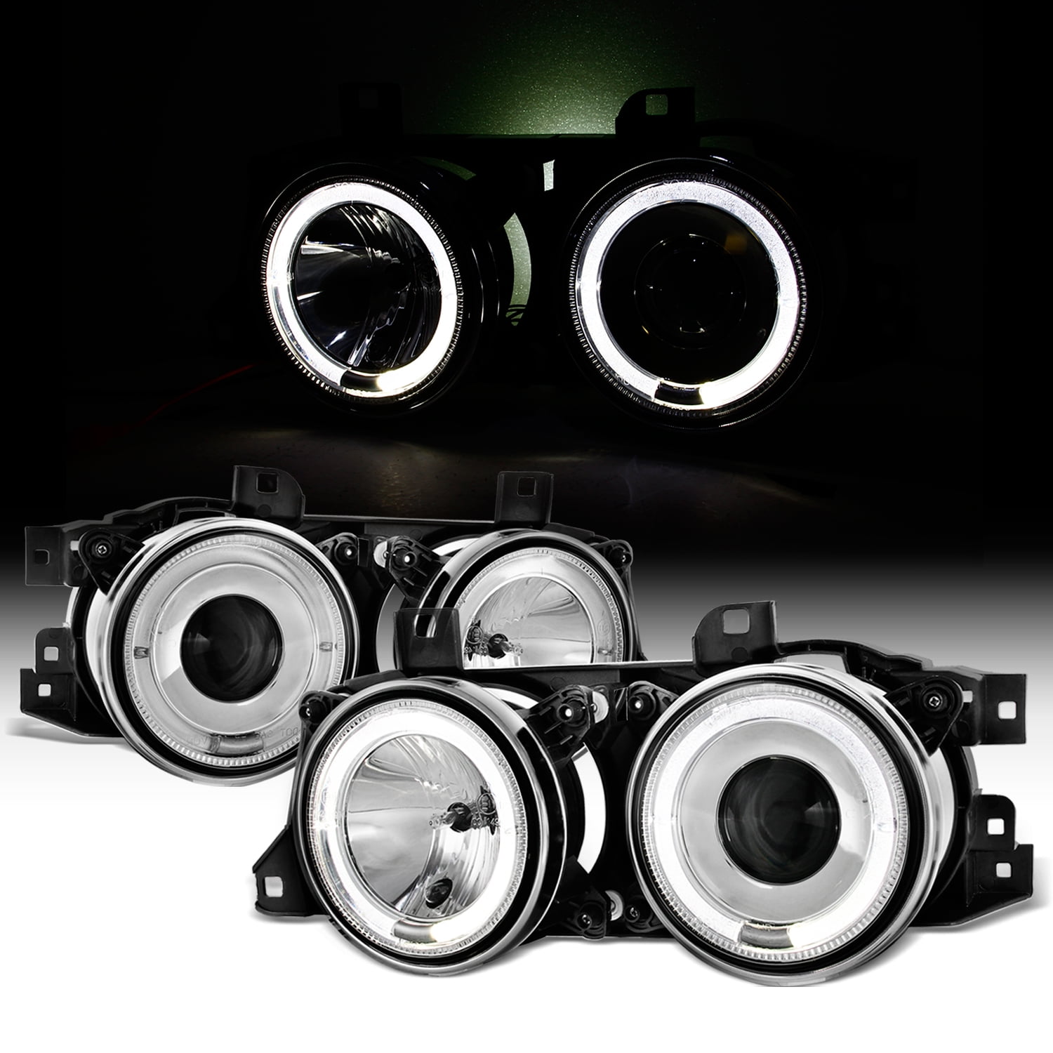 AKKON - For BMW E34 E32 5/7 Series Chrome Bezel Dual Halo Ring Projector Headlights Lamps Left ...