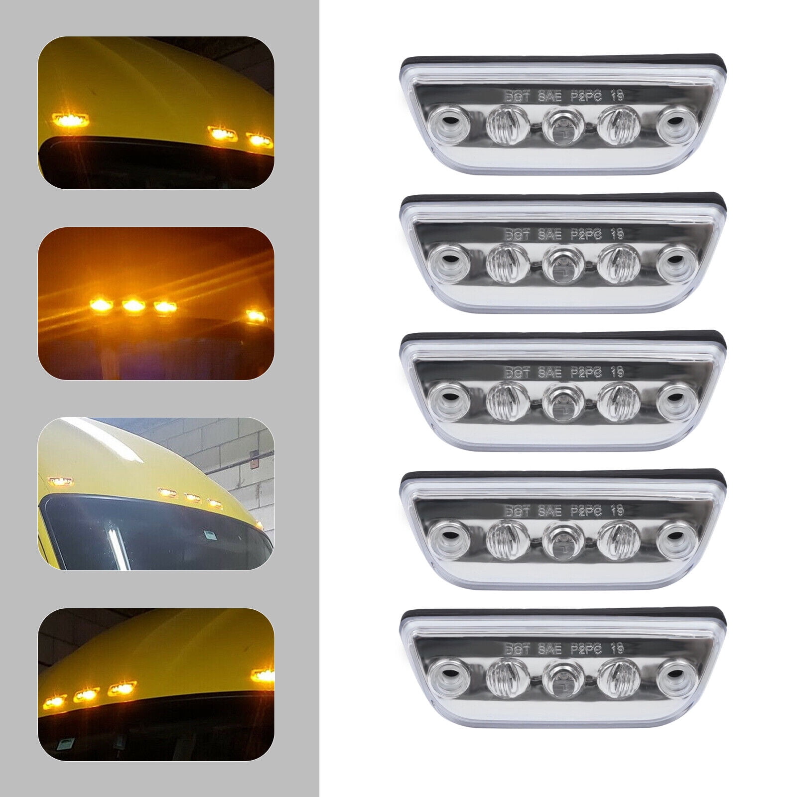 Fits Kenworth T680 T770 T880 Peterbilt Amber 5x Roof Clearance Led ...