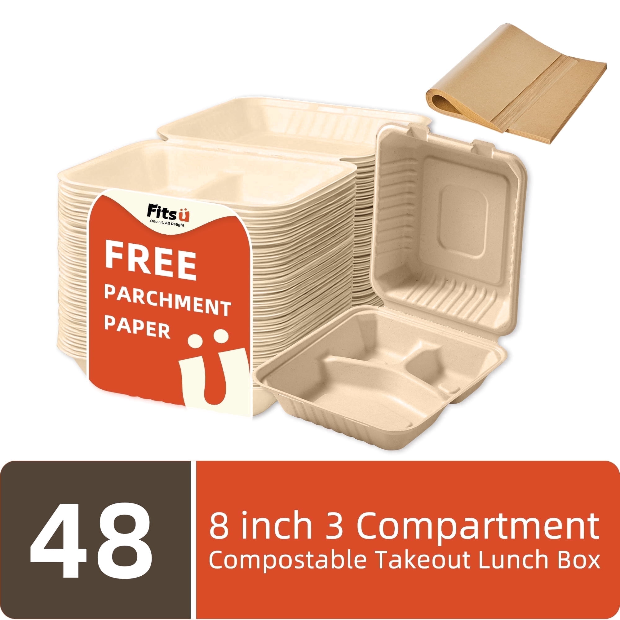Fitsu 8x8 Compostable Heavy Duty Disposable Take Out Container 48pc,3 ...