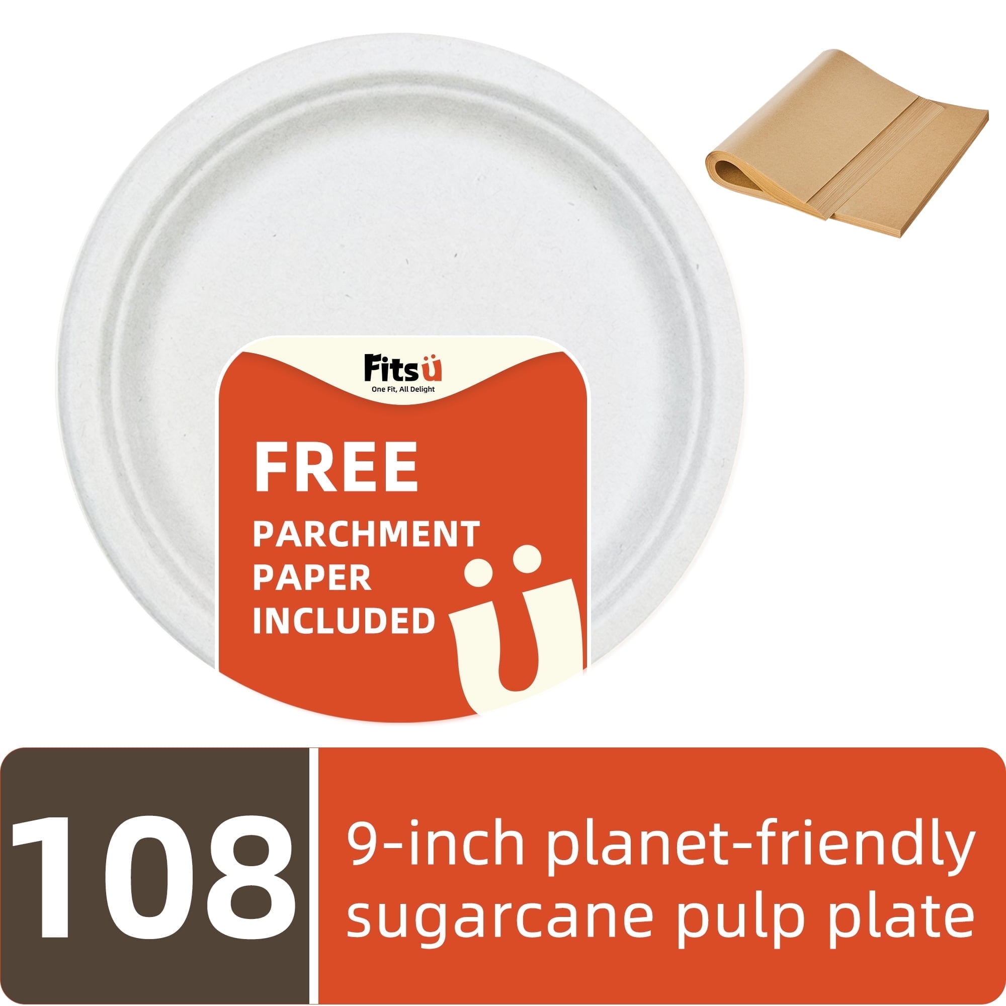 Fitsu 9"Inch Compostable Heavy Duty Disposable Plates 108pc,parchment ...