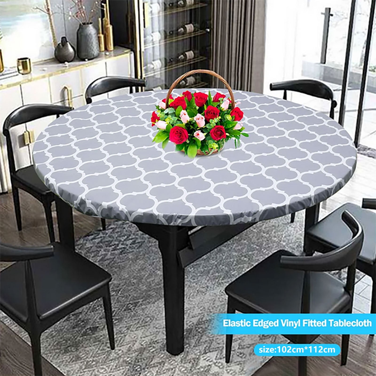 Fitted Clear Vinyl Round Table Cover with Blue Leaf, Elastic Waterproof ...