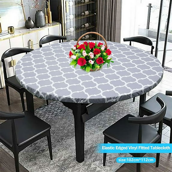 Fitted Clear Vinyl Round Table Cover with Blue Leaf, Elastic Waterproof ...