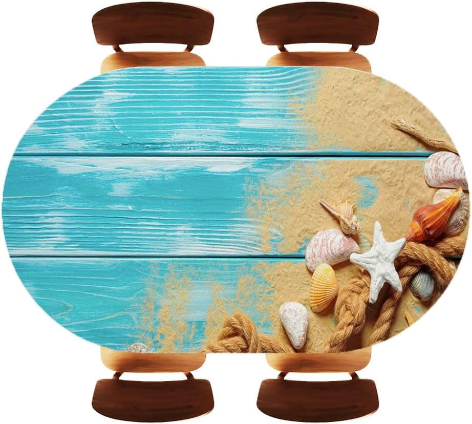 Fitted Covers for Oval Table sea Rope with Shells on Blue Wood Texture ...