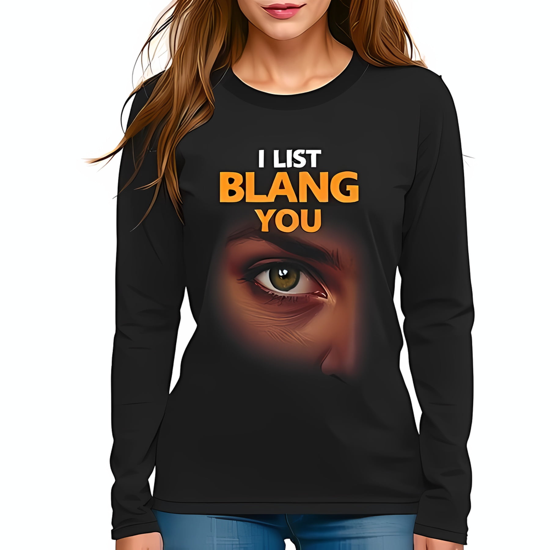 Fitted Long Sleeve T-Shirt with Dark Graphic Eye Design and Bold "I ...