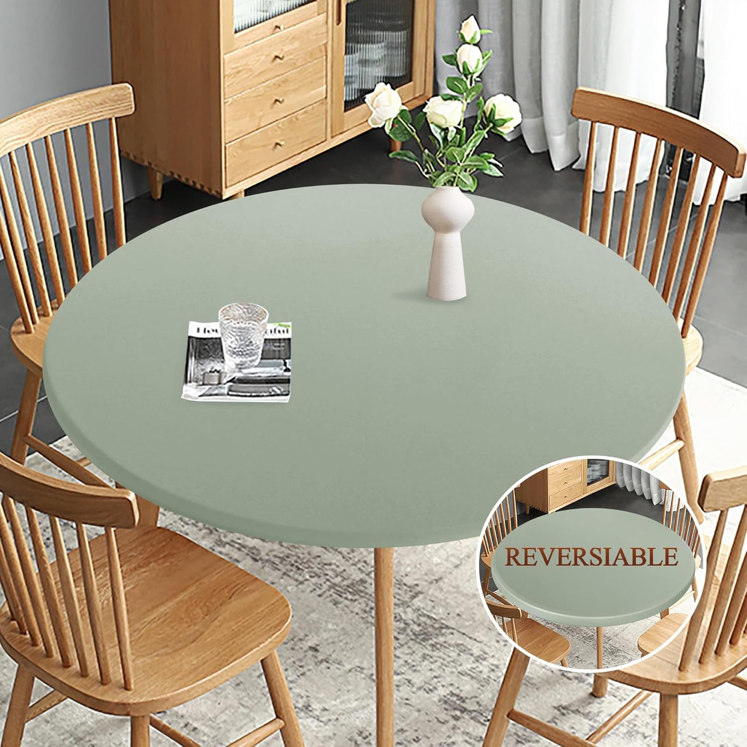 Fitted Round Table Cloth, Reversible Waterproof Stain Resistant Elastic ...