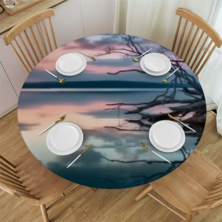 Fitted Round Table Cover with Elastic Reflection of The Mountains in ...