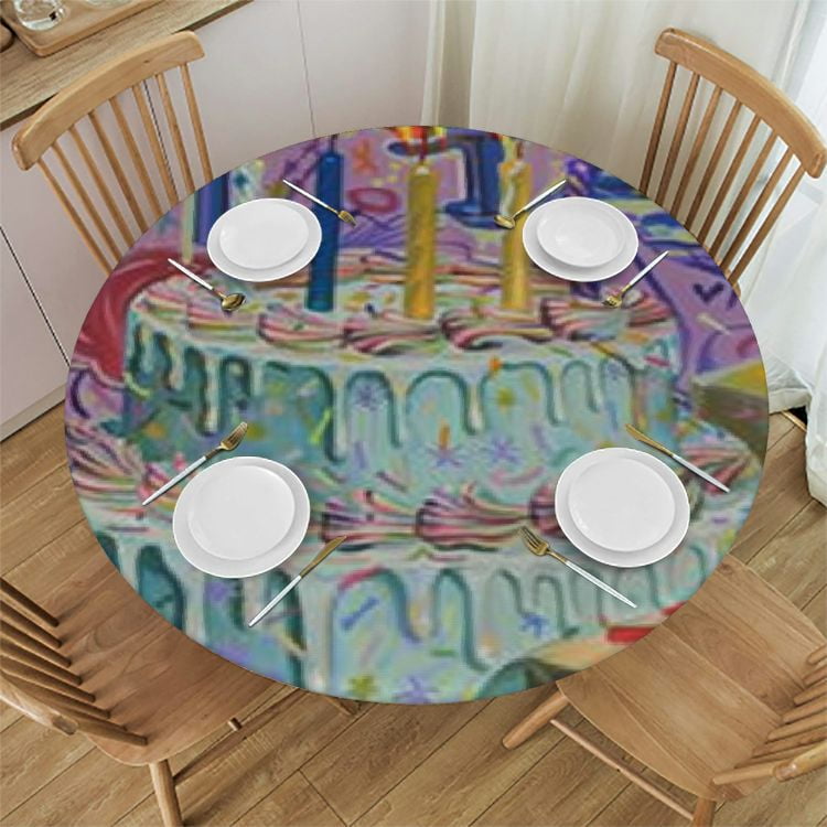 Fitted for Round Table,Happy Birthday Cake Table Cover with Elastic ...