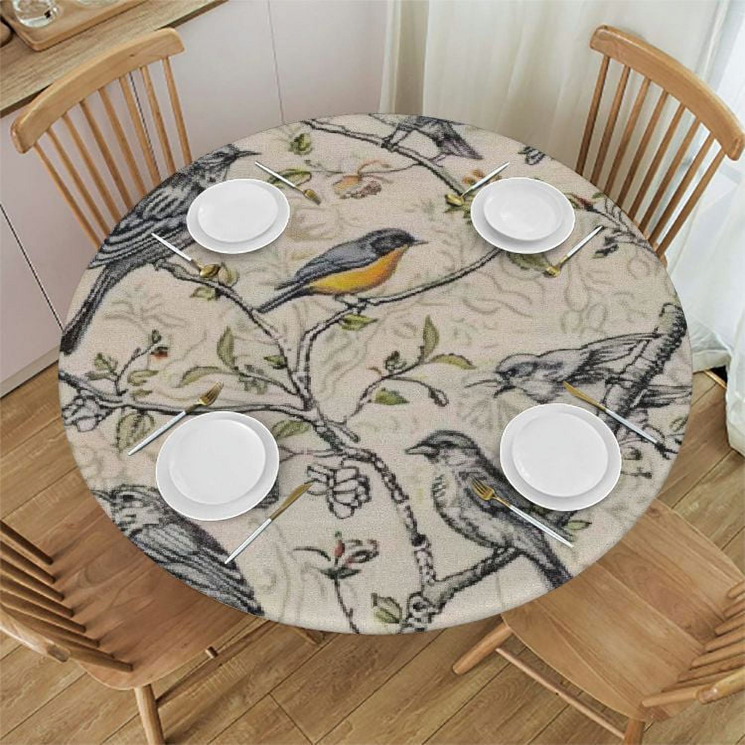 Fitted for Round Table,Retro Bird Floral Linen Table Cover with Elastic ...