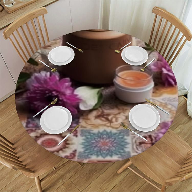 Fitted Round Tablecloth with Elastic Edge Band Circle Table Cover ...