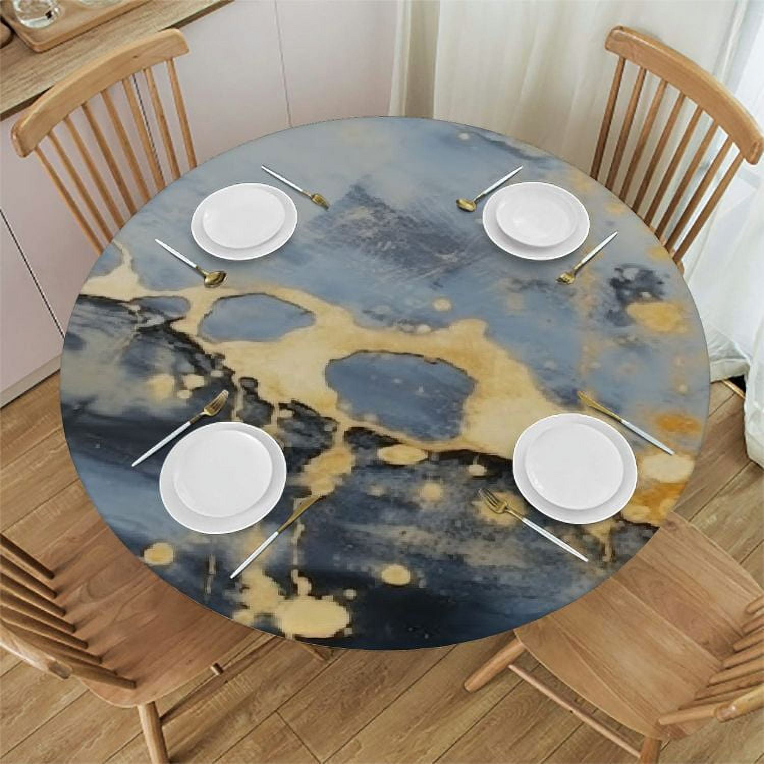 Fitted Round Tablecloths, Blue and Gold Marble Waterproof Wipe Clean ...