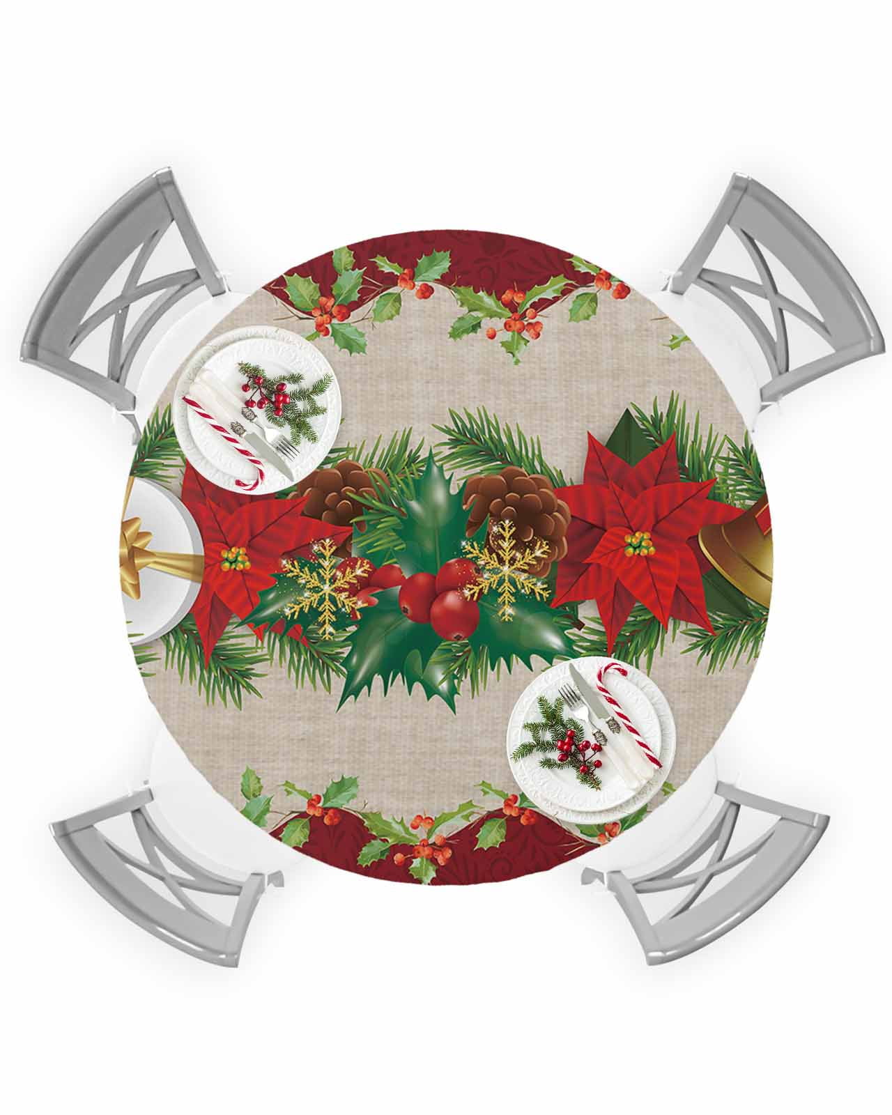 Fitted Round Tablecloths Table Covers 36-44in,Christmas Farm Poinsettia ...